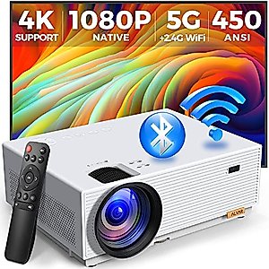 Mini Projector with 5G WiFi and Bluetooth, ALVAR 15000L 450 ANSI Native 1080P Portable Projector 4K Support, Outdoor Movie Projector with 120" Screen & 400" Display Compatible w/ TV Stick/HDMI/USB/PS5