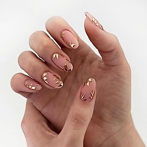 24 Pcs Press on Nails, Sunjasmine Fake Nails with Designs, Acrylic Nails False Nails with Nail Glue for Women (Medium Fall Leaves)