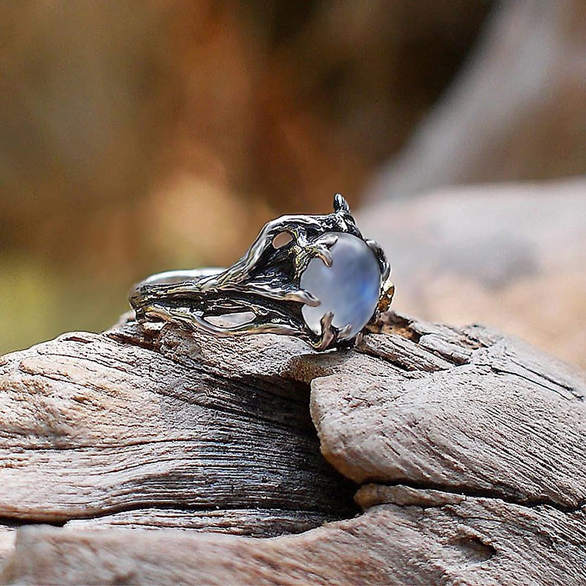 DALEGEM Oval Round Moonstone Ring,Dainty Retro S925 Sterling Silver Two Legs Gemstone Crystal Statement Ring Boho Jewelry (Stone_C, 6)