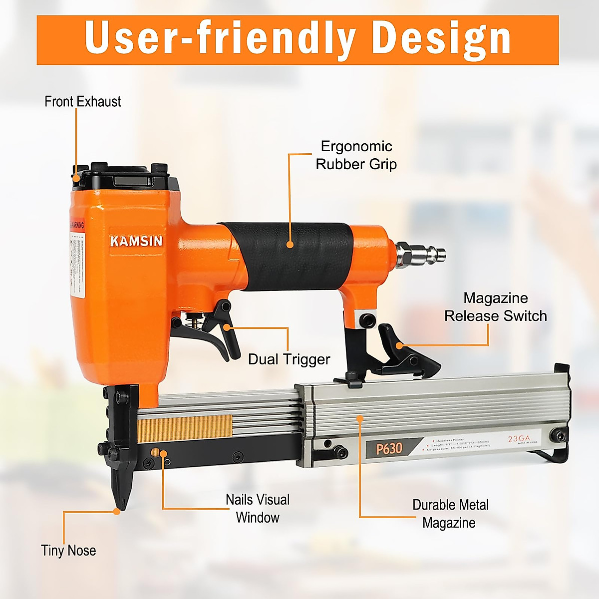 P630 Pneumatic 23 Gauge Pin Nailer Accepts 3/8" to 1-3/16" Pin Nails, Headless Pin Nail Gun with Trigger Safety, Micro Pinner Gun for Assembly and Woodworking Projects