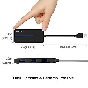 KOOTION 4-Port USB 3.0 Hub, Ultra-Slim Data Hub (5Gbps Transfer Speed) with LED Indicator for MacBook, Windows PC, Surface, Mobile HDD, Ultrabook, Flash Drive, Laptop (Black)