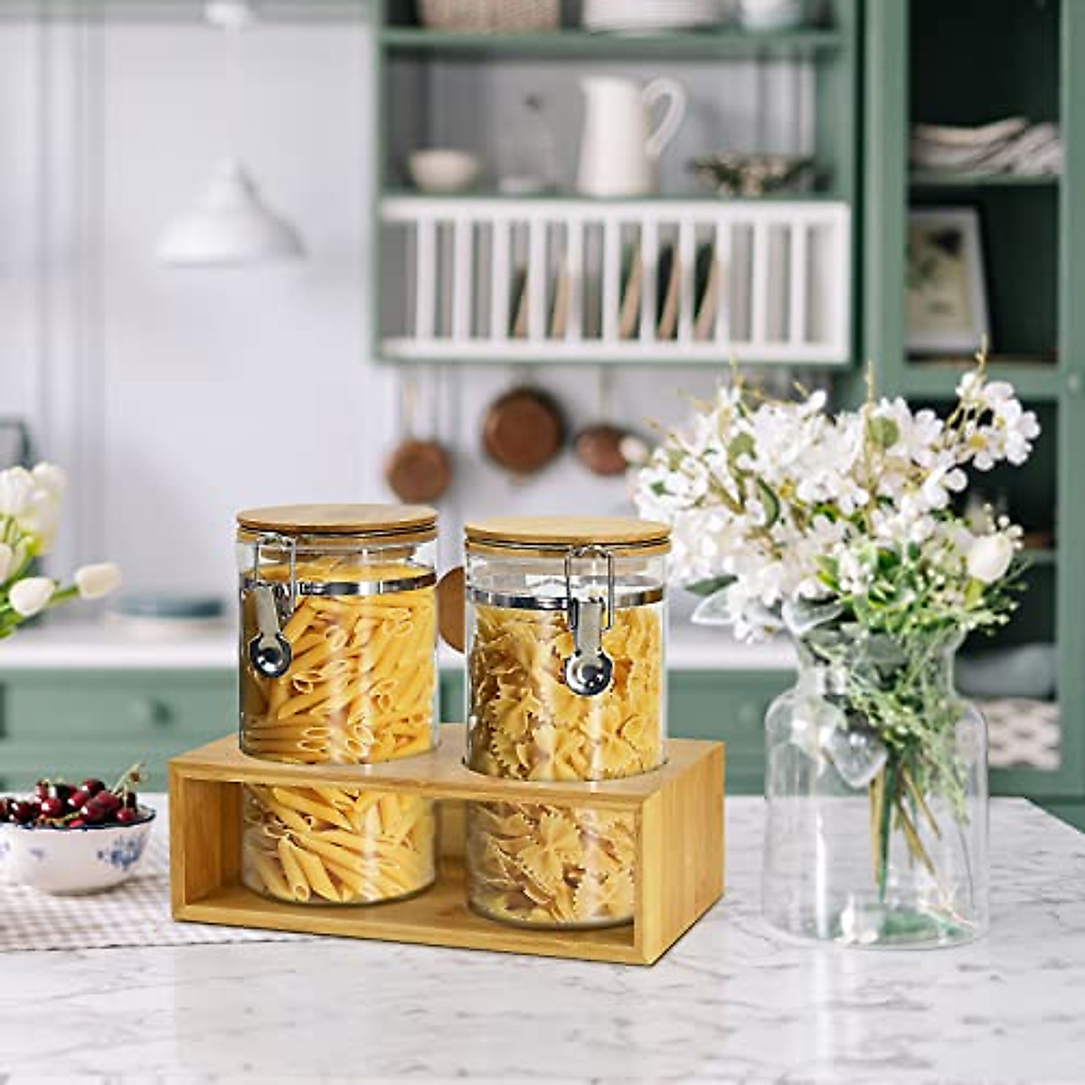 Glass Coffee Canister with 2x48oz Airtight Glass Jars, Coffee Bean Storage, Coffee Storage Container with Shelf and Lids Scoop, Kitchen Food Storage Jars, Coffee Container for Ground Coffee, Sugar