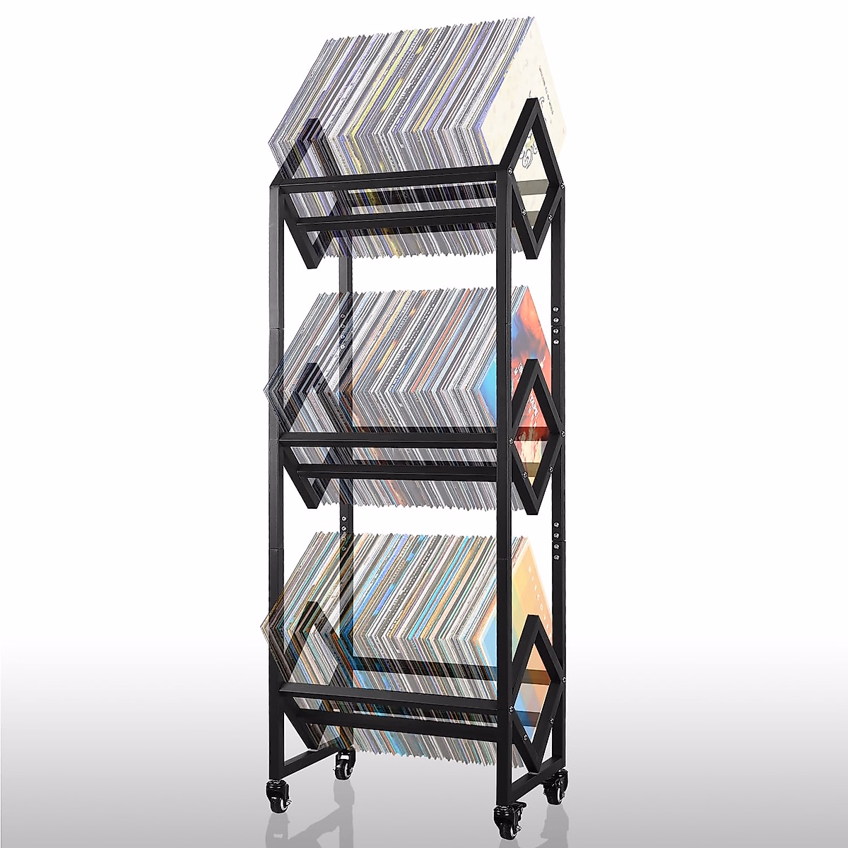 WIMART Record Holder, 2 Tiers Vinyl Record Storage Rack Shelf Holder, Album Display Stand for Home, Office with Sand Black Powder Coated High End Design with Casters Easy to Move, 160-200 LP Storage