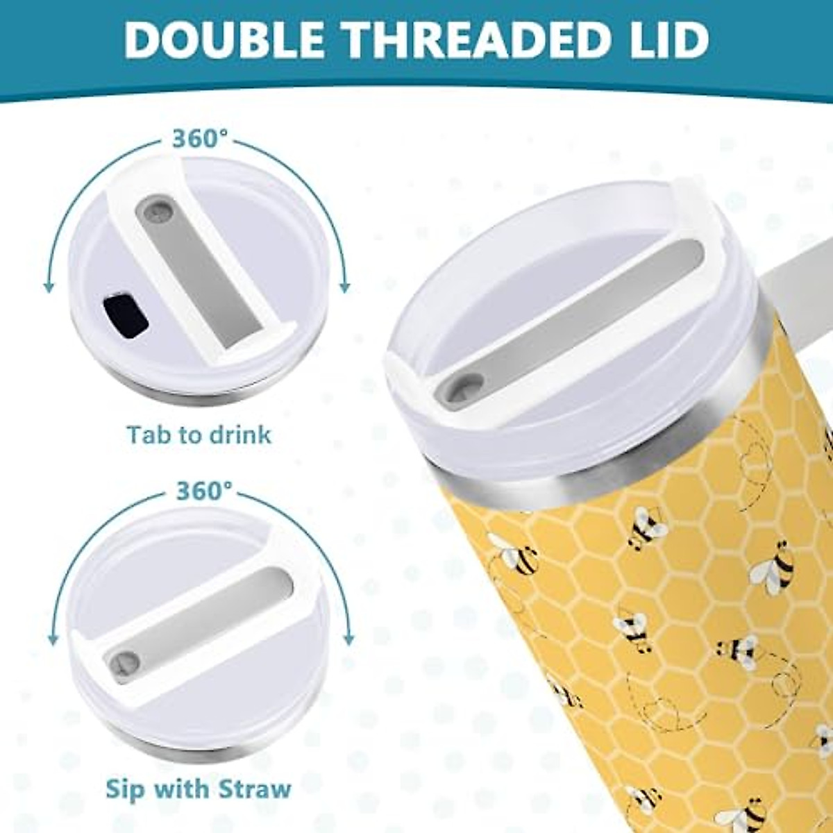 Slewiaeky Tumbler with Handle 40 oz Bees Honey Yellow Travel Mug with Lid and Straw Stainless Steel Vacuum Insulated Water Bottle Cup for Iced Tea Coffee Cold Beverages Cup Holder Friendly