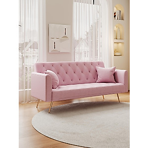 TZXTW Comfy Loveseat with Adjustable backrest,Convertible Sleeper Sofa Bed with Gold Leg and 2 Pillows,Upholstered Futon Sofa,Small Couches for Small Spaces,Living Room,Bedroom,Apartment,Office,Pink