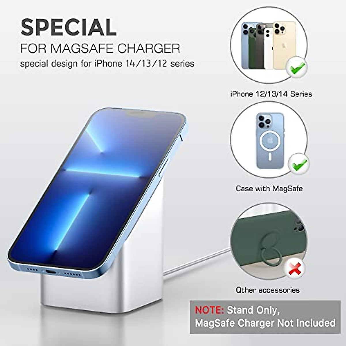 Lucrave Phone Stand for MagSafe Charger, Aluminum Desk Phone Holder Dock for MagSafe Charger, Compatible with iPhone 14 13 12 Mini Plus Pro Pro Max, MagSafe Charger is Not Included, Silver