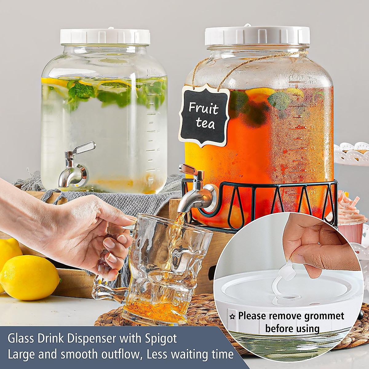 Set of 2 Large Square Glass Beverage Dispensers with Spigot, 1 Gallon Glass Drink Dispenser with Airtight Lid for Parties, Wedding, Liquid Laundry Detergent Dispenser With Scale Mark