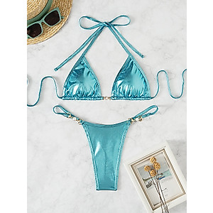 Verdusa Women's 2 Piece Metallic Bikini Sets Swimwear Halter String Triangle Swimsuit Teal Blue M