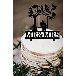 Yuezoloz Funny Wedding Cake Topper,The Bride and Groom Sitting in Swing Under Tree Wedding Cake Topper,Mr and Mrs Wedding Cake Topper, Romantic Wedding Shower/Anniversary Cake Topper (Tree & Swing)