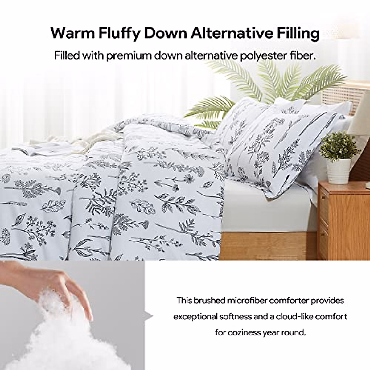Maple&Stone Queen Floral Comforter Set, White Bedding Set 3pcs Soft and Durable Microfiber with Elegant Plant Flowers Print Bedding Comforter Sets - Includes 2 Pillowcases