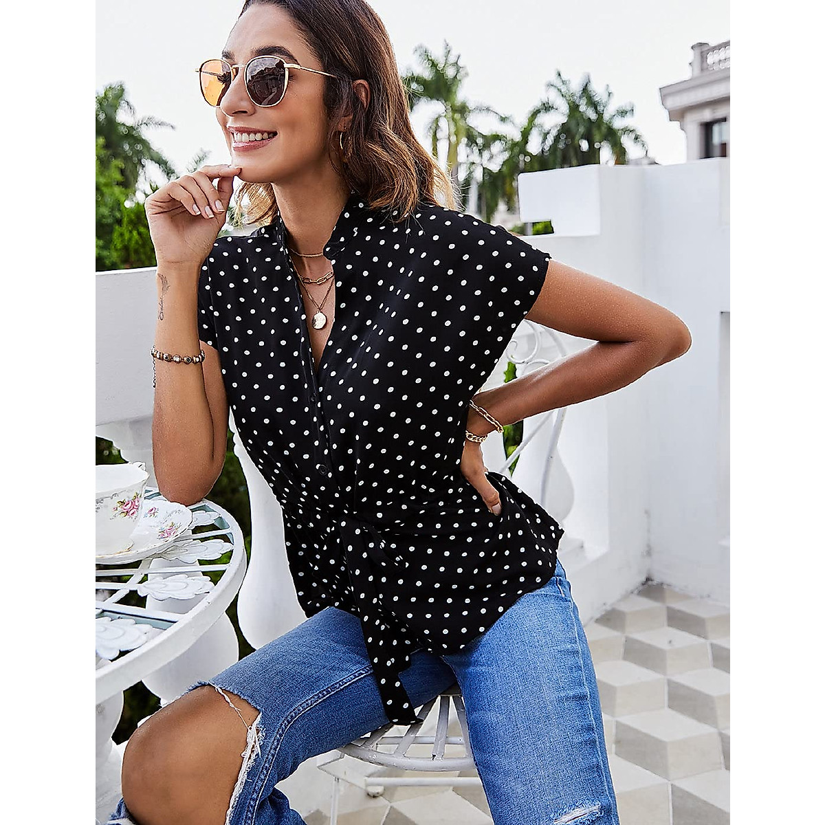 Womens Button Down Blouses Casual Peplum Summer Tops Dressy Chiffon Work Blouse Polka Dot Black Large