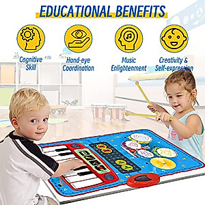 QShark 2 in 1 Music Learning Toys for Baby Toddler 1 2 3 Years Old Boys Girls | 13 Keys Piano Keyboard & 5 Drum Kits | Built-in Demo, 4 Instrument Sounds, Volume Control, Birthday Gift for 1+ Boy Girl