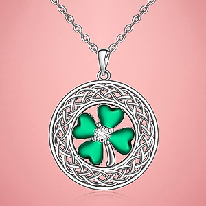 Shamrock Necklace St Patricks Day Four Leaf Clover Necklaces for Women Sterling Silver Celtic Knot Irish Green 4 Leaf Clover Jewelry Pendant Lucky Saint Patricks Gifts