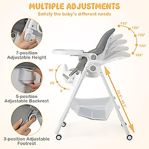 BABY JOY Baby High Chair, Foldable Highchair w/ 7 Heights, 5 Recline Positions, Adjustable Footrest, Removable Double Tray, Storage Basket, Portable High Chairs for Babies & Toddlers with Wheels, Gray
