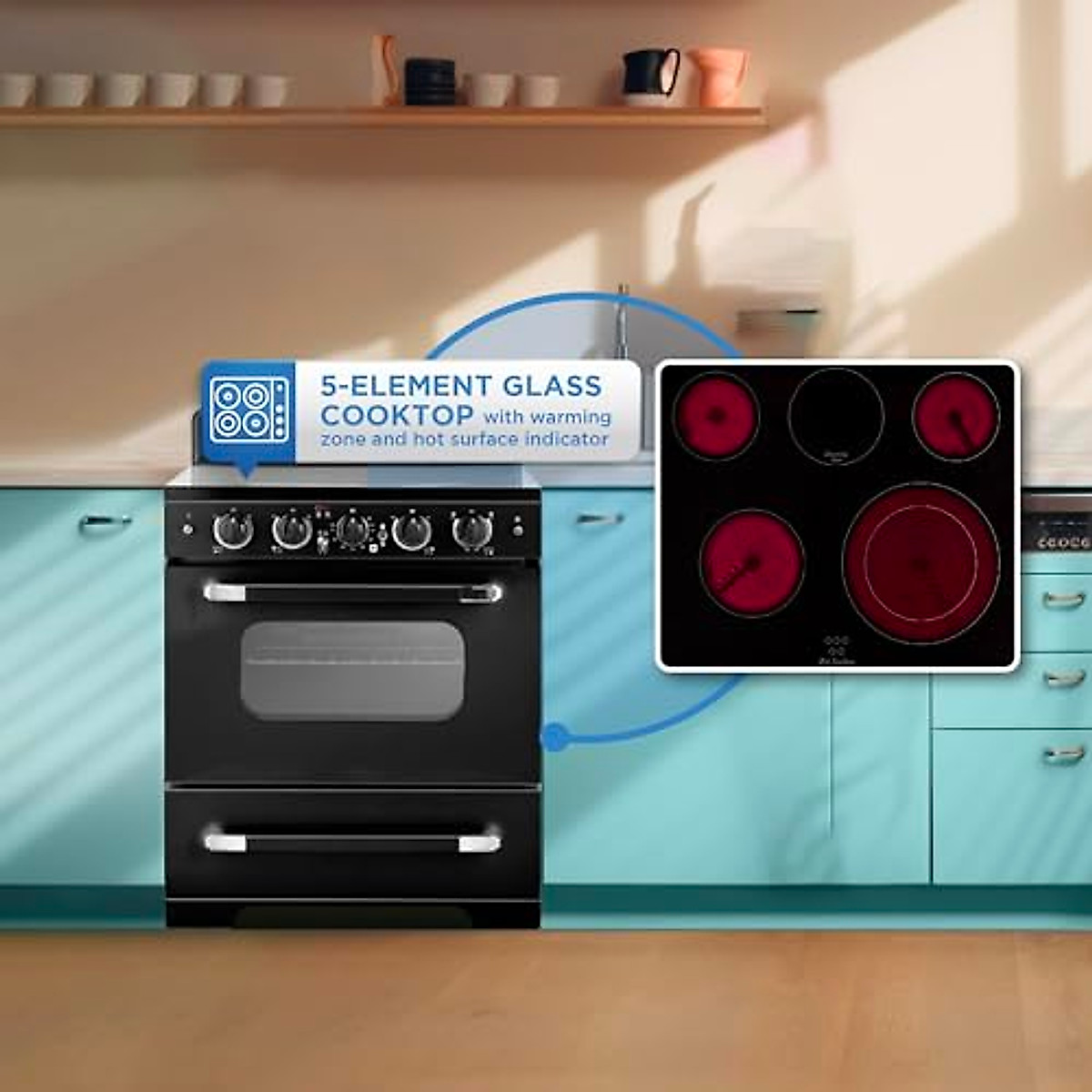 Unique Appliances UGP-30CR EC B Classic Retro Radiant Freestanding Electric Convection Oven Light, Range with 5-Element Glass Cooktop, 30", Midnight Black