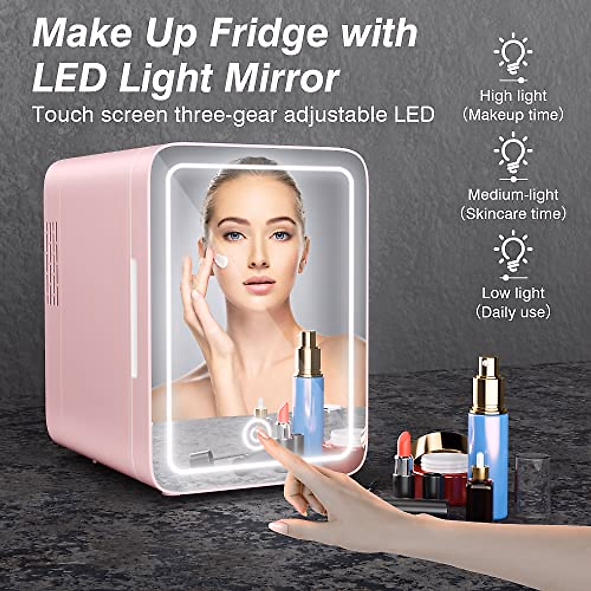 Easy-Take Skincare Fridge - Mini Fridge with Dimmable LED Mirror (4 Liter/6 Can), Cooler and Warmer, for Refrigerating Makeup, Skincare and Food, Mini Fridge for Bedroom, Office and Car, Pink