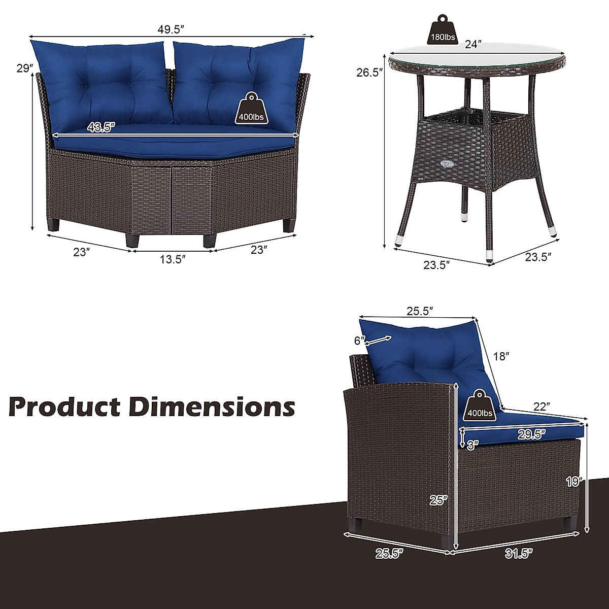 Tangkula 4 Piece Outdoor Sectional Sofa Set, Half-Moon All Weather Heavy Duty Corner Patio Furniture Set with Round Side Table, Soft-Padded Cushions, for Backyard, Poolside, Deck (Navy)