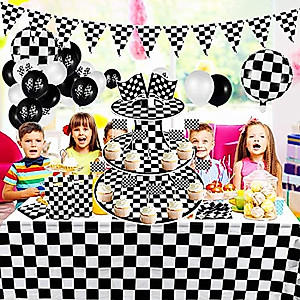 3-Tier Racing Car Theme Cardboard Cupcake Stand/Tower Black and White Checkered Cupcake Stand,24Pcs Racing Flag Cupcake Toppers,Racing Car Party Supplies Black and White Checkered Birthday Party Decor