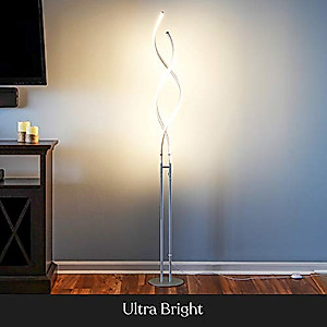 Brightech Embrace Dimmable LED Floor Lamp – Modern Spiral Adjustable Standing Lamp for Living Rooms & Offices – 2-in-1 Tall End Table Lamp for Bedroom Reading - Silver