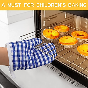 DOERDO 2 Pack Kid Oven Mitts for Children Heat Resistant Kitchen Mitts, Great for Cooking Baking, Age 4-12 (7"x4.7", Blue)