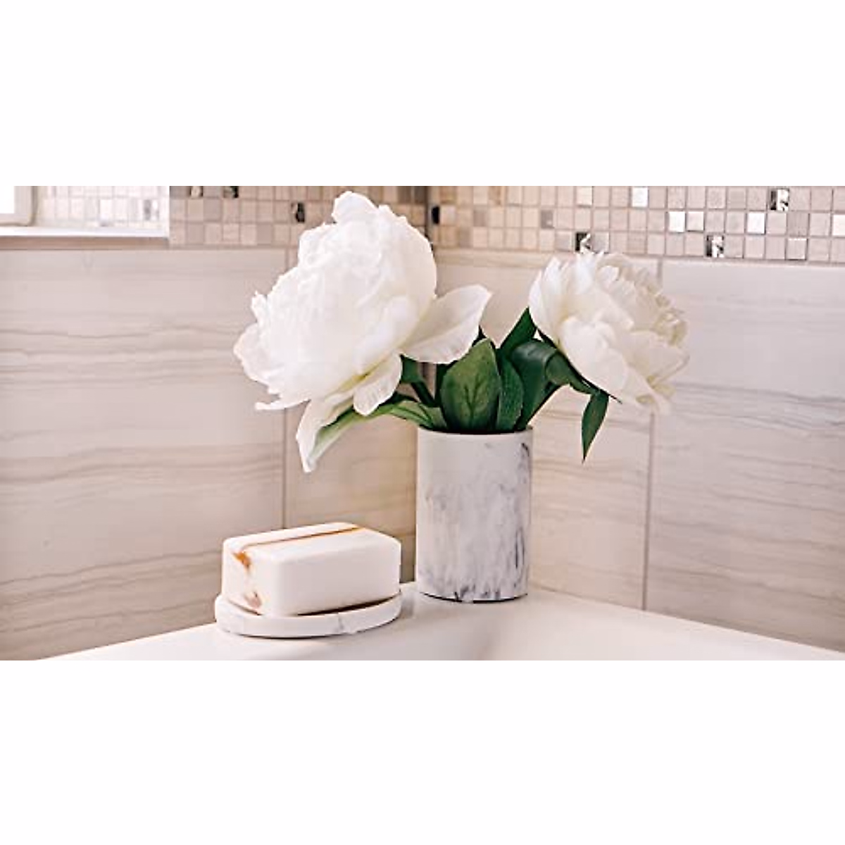 8 PCS White Marble Resin Bathroom Accessory Set, Modern Marble Bathroom Set - Bathroom Soap Dispenser and Toothbrush Holder Set, Tumbler, Soap Dish, Cotton Jar, Amenity Tray, Tissue Box & Waste Basket