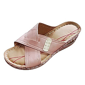 Women Leather Sandals Size 6 Women Summer Solid Color Slip On Casual Toe Wedges Comfortable Beach Shoes Sandals (Pink, 6.5)