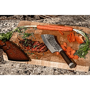 Norse Tradesman Chef & Cleaver Hybrid Knife - 7.5" Razor Sharp Kitchen Knife – Genuine Cowbone Accented Handle with Celtic Knot Engravings – Artisan Forged