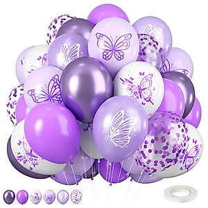 Butterfly Balloons, 12 Inches Butterfly Print Purple and White Latex Balloons Butterfly Patterns for Girls Women Weeding Baby Shower Birthday Party Decorations Activities Graduation