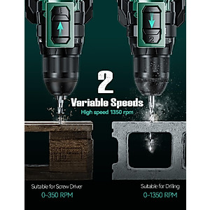 KIMO Hammer Drill - 20V 2X Battery Hammer Drill Cordless Drill Set, 350 In-lb Torque, 3/8" Keyless Chuck, 1350 RPM, 21+3 Position,14pcs Drill/Driver Bits, Power Drill Drivers for Concrete Brick Wall