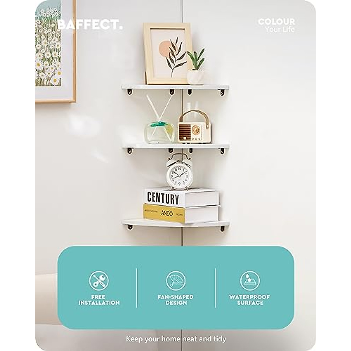 Baffect Corner Floating Shelves, Set of 3 Fan-Shaped Wooden Storage Board, Decorative Wall-Mounted Shelves for Living Room (White, 9.85in)