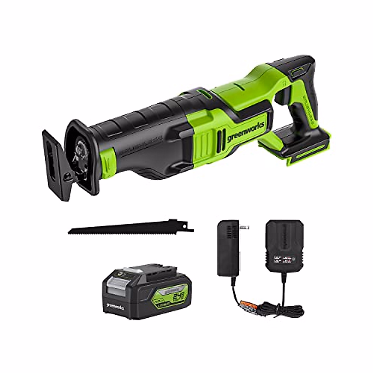 Greenworks 24V Brushless (1-1/8") Cordless Reciprocating Saw (2,7000 SPM), 4.0Ah Battery and Compact Charger Included