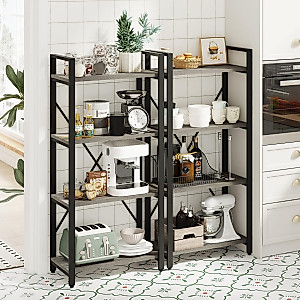 BON AUGURE Industrial 4 Tier Bookshelf, Modern Open Etagere Bookcase, Wood Metal Book Shelves for Living Room, Bedroom and Office (Dark Gray Oak)