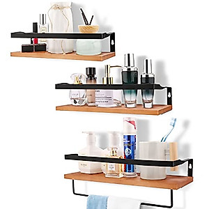 Floating Shelves, Set of 3 Bathroom Shelf with Towel Bar, Rustic Wood Wall-Mounted Display Storage Wall Shelves, Hanging Shelves for Living Room/Bathroom/Kitchen/Bedroom/Office