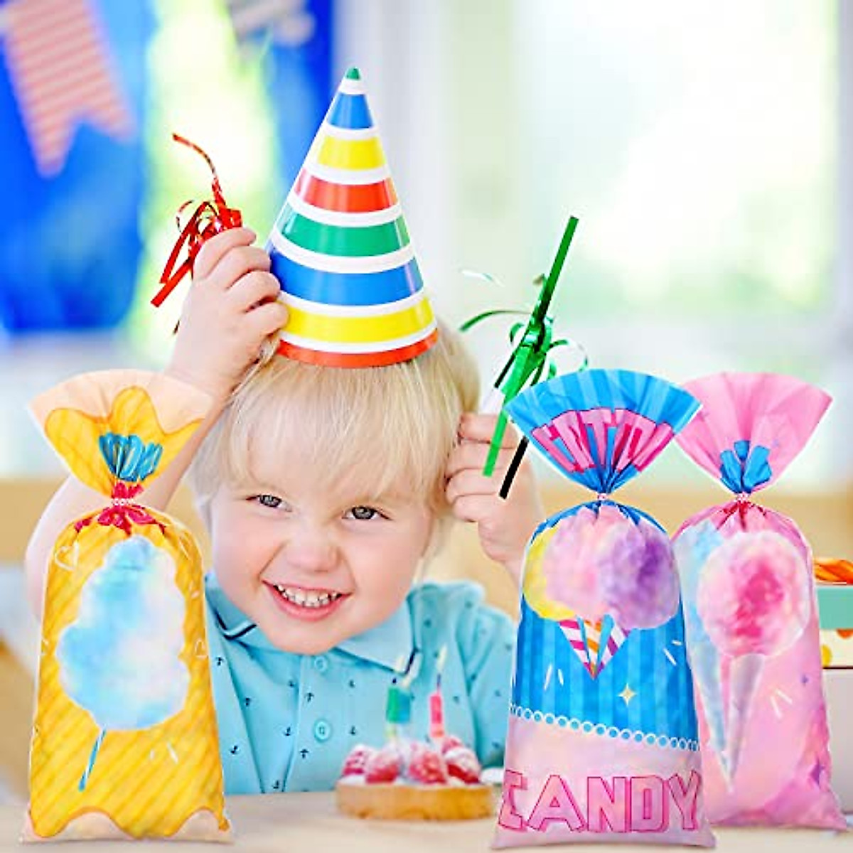 Karenhi 100 Pcs Cotton Candy Bags with Ties Cotton Candy Cones Treat Bags Snacks Bags Set Cotton Candy Supplies for Circus Carnival Birthday Party Favor