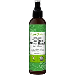 Sky Organics Organic Tea Tree & Witch Hazel for Face, Purifying Facial Toner to Hydrate, Soothe, Cleanse and Balance Blemish-Prone Skin, Helps Minimize The Appearance of Pores, 8 fl oz
