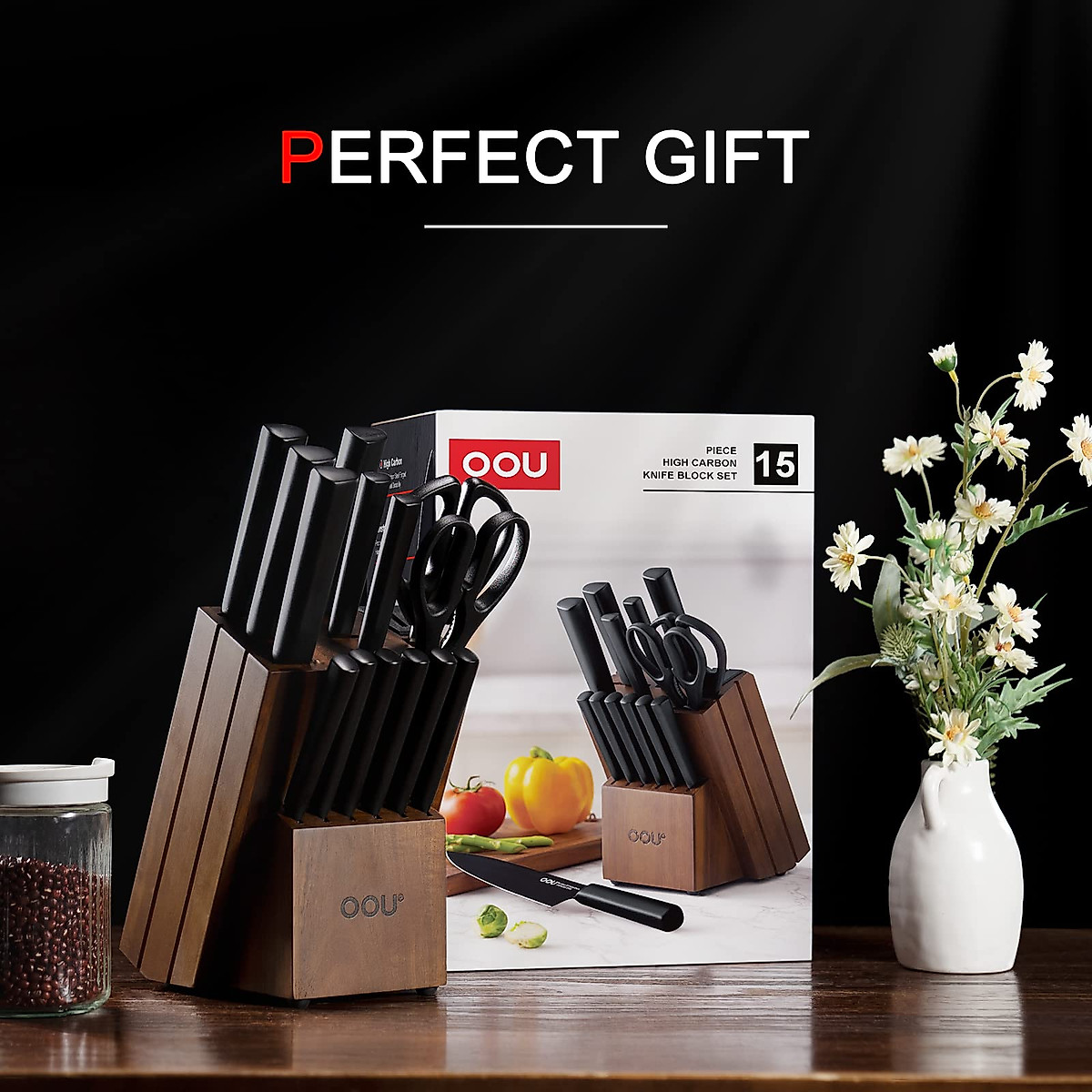 OOU Kitchen Knife Block Set - 15 Pieces High Carbon Stainless Steel Chef Knife Sets, Anti-Rust Black Knives Set with Built-in Sharpener Block, Walnut
