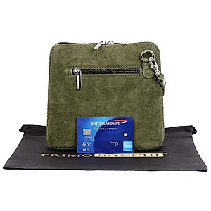 PRIMO SACCHI Ladies Italian Suede Leather Small Micro Olive Green Crossbody Shoulder Bag Handbag Purse