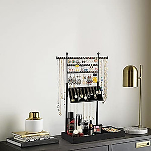 SOLIMINTR Jewelry Organizer, Jewelry Stand with Necklace Display Holder 3 Tier Earring Organizer Rustic Wood Base Tray with Ring Stand Jewelry Storage Tower for Women Girls Gift