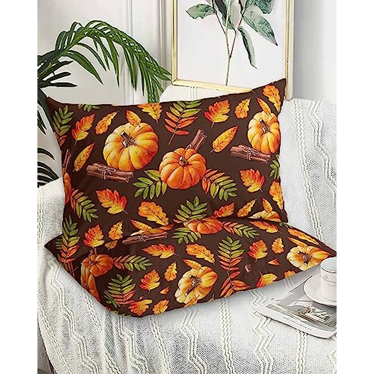 Edwiinsa Fall Pumpkin Pillow Covers King Standard Set of 2 Bed Pillow, Brown Autumn Maple Leaves Farmhouse Plush Soft Comfort for Hair/Skin Cooling Pillowcases with Envelop Closure 20''x36''