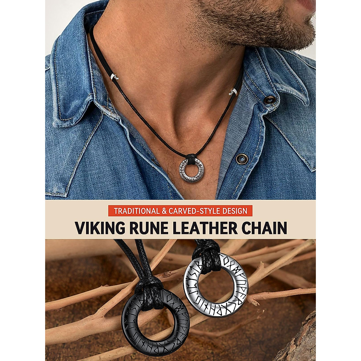 Viking Runes Necklace with Leather Neck Chains Black Stainless Steel Nordic Mythology Rune Charms