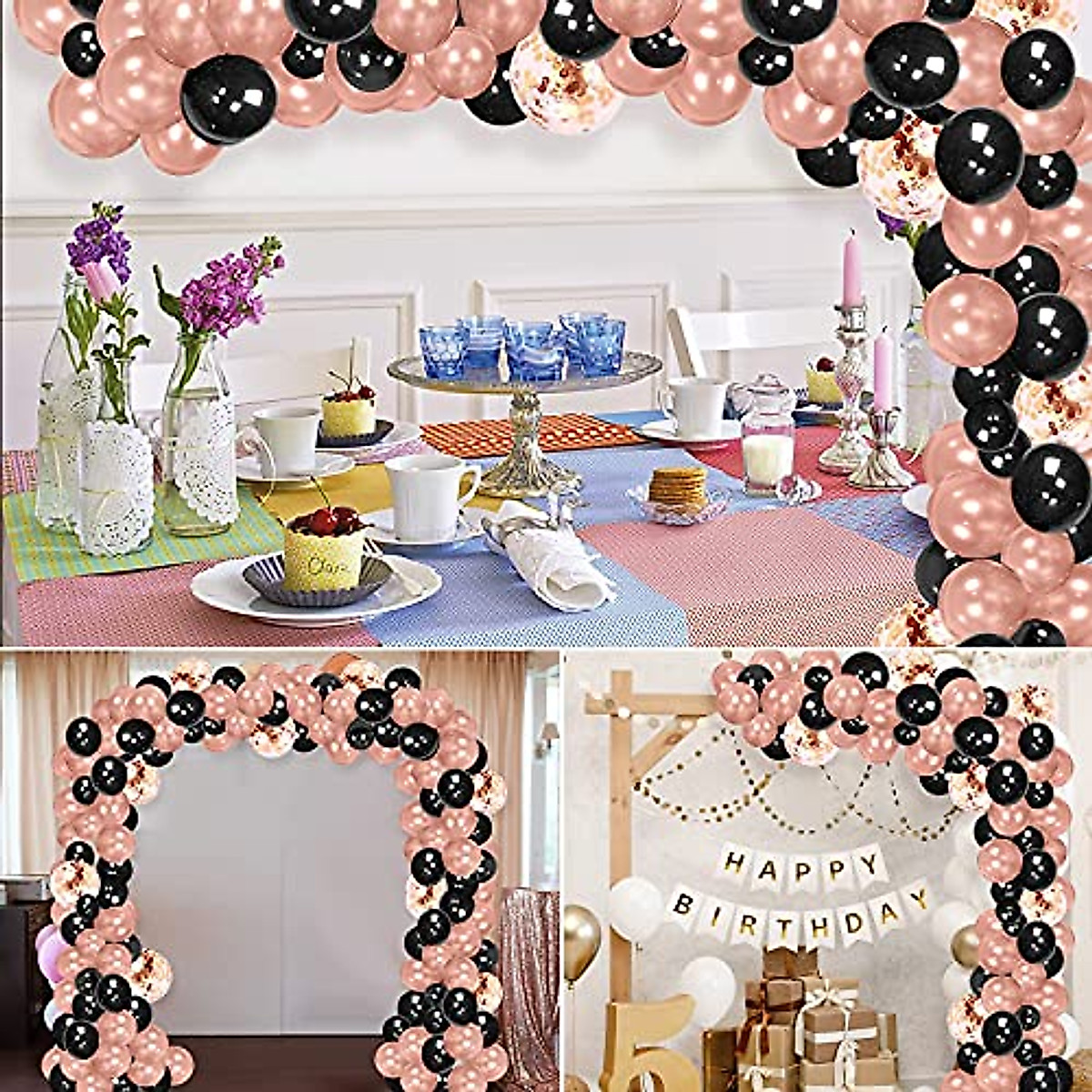 Black Rose Gold Balloons Garland Arch Kit, 112Pcs Rose Gold Black Confetti Latex Balloon Party Decorations for Birthday Bridal Wedding Shower Graduation Retirement Decor