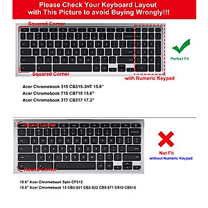 2PCS Keyboard Cover for 15.6" Acer Chromebook 315 CB315 715 CB715 with Numeric Keypad, Acer Chromebook 317 CB317 17.3" Skin Protector, Acer Chromebook 15 Keyboard Cover, Gradual Pink+Clear