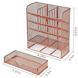 Spacrea Pen Holder Desk Organizer - Desk Organizers and Accessories, Pencil Holder with 10 Compartments and 1 Drawer（Rose Gold）