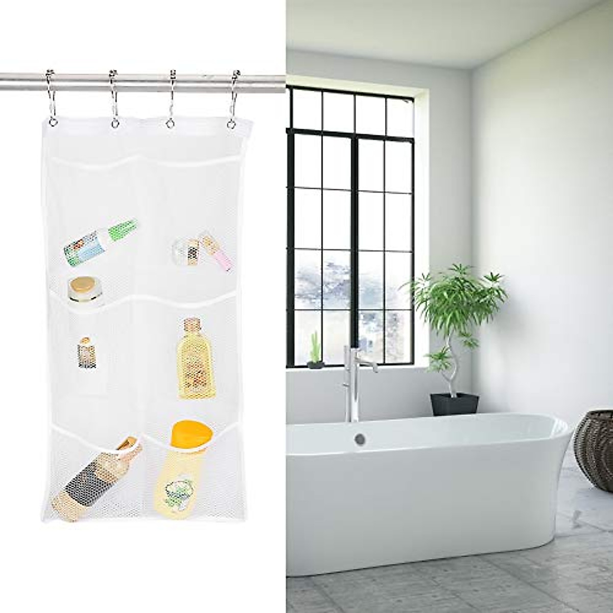 Hanging Mesh Shower Organizer, Mesh Shower Caddy Curtains Organizer Bathroom Toiletry Wall Door Hanger Organizer Kids Bath Toy Organizer with 6 Pockets, 4 Rings