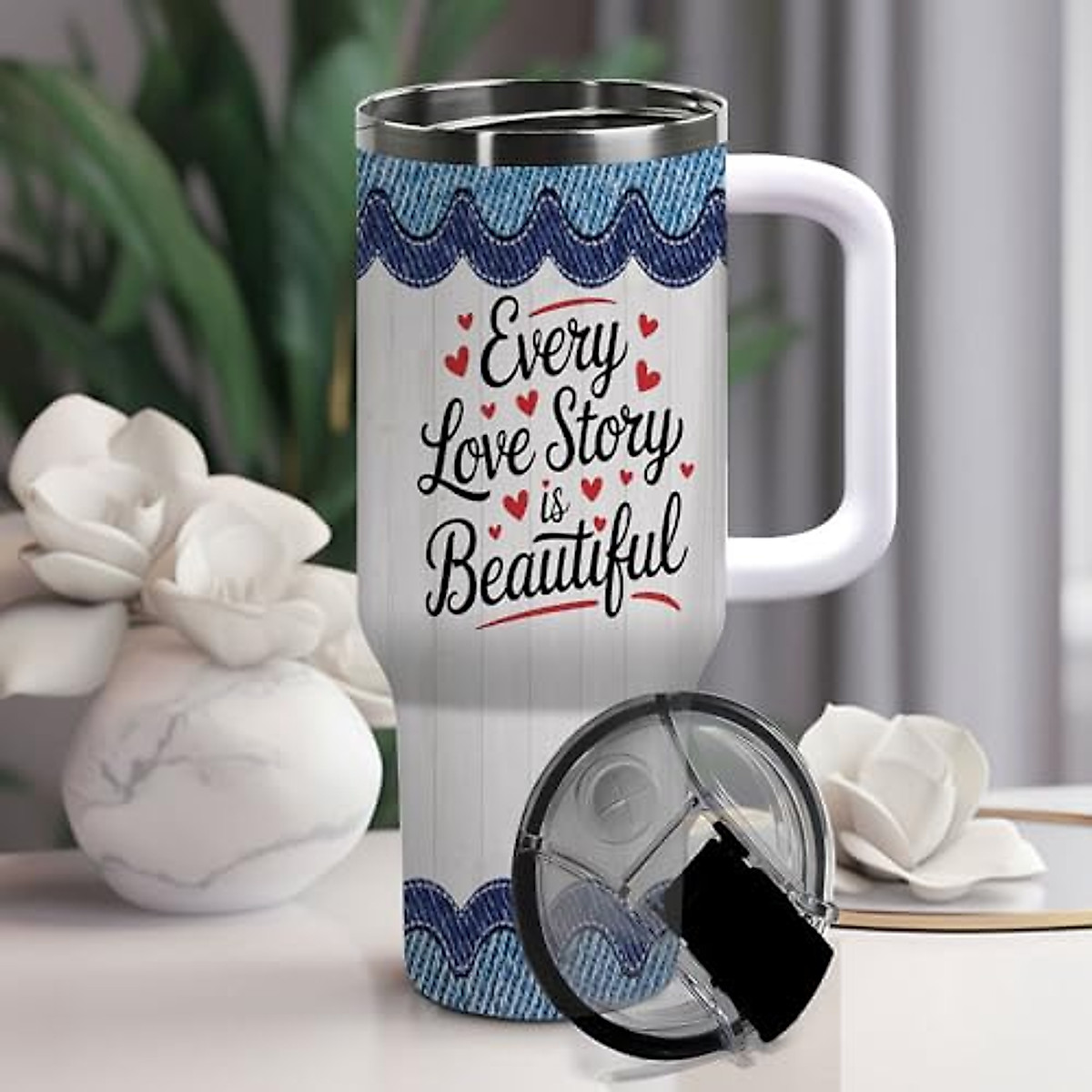 Custom 40oz Tumbler with Handle – Valentine's puzzle-Personalized Couple Gift for Anniversary Wedding Gift, Birthday, Mother's Day, Valentine’s Day tELXVi