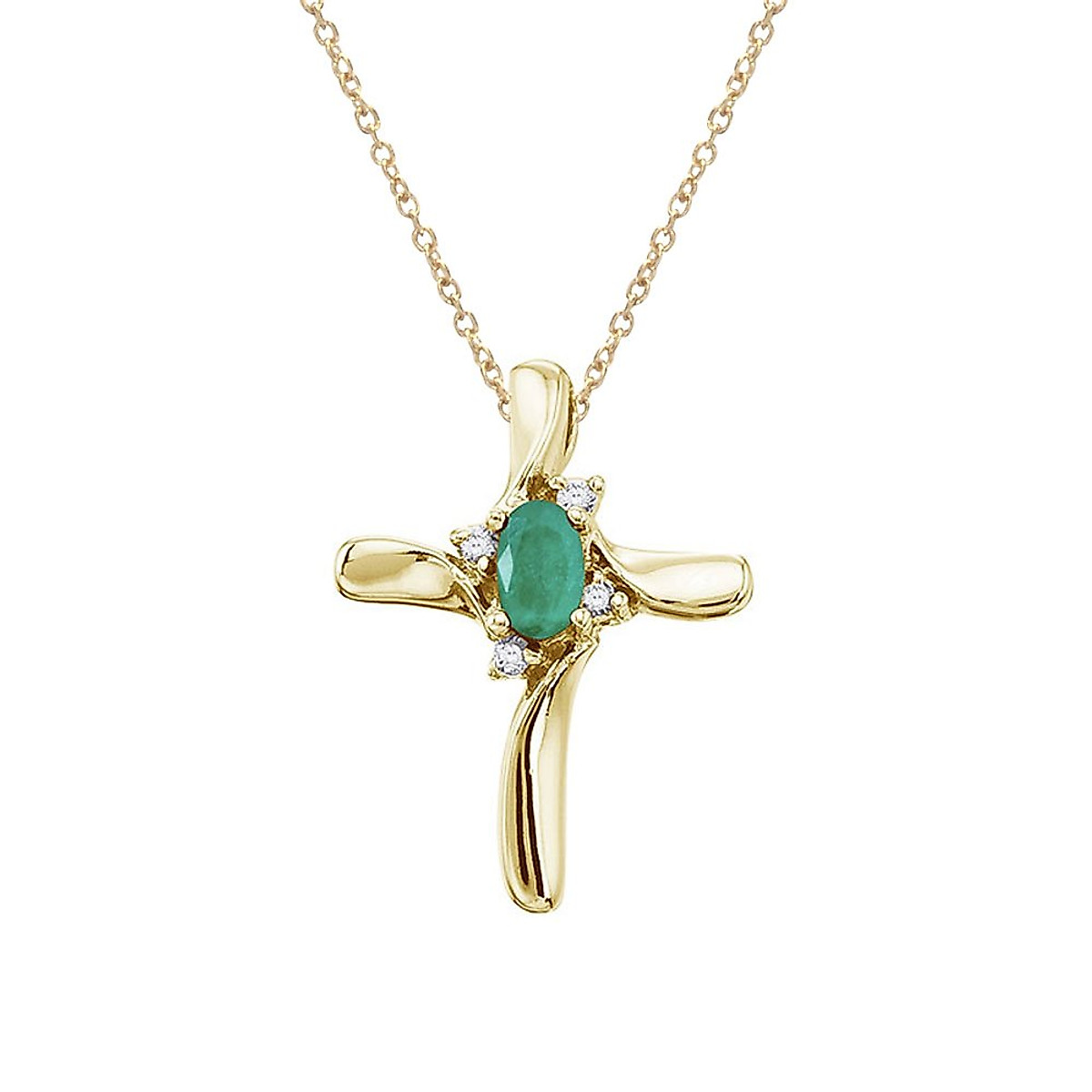 14K Yellow Gold Oval Emerald & Diamond Cross Pendant (Chain NOT included)