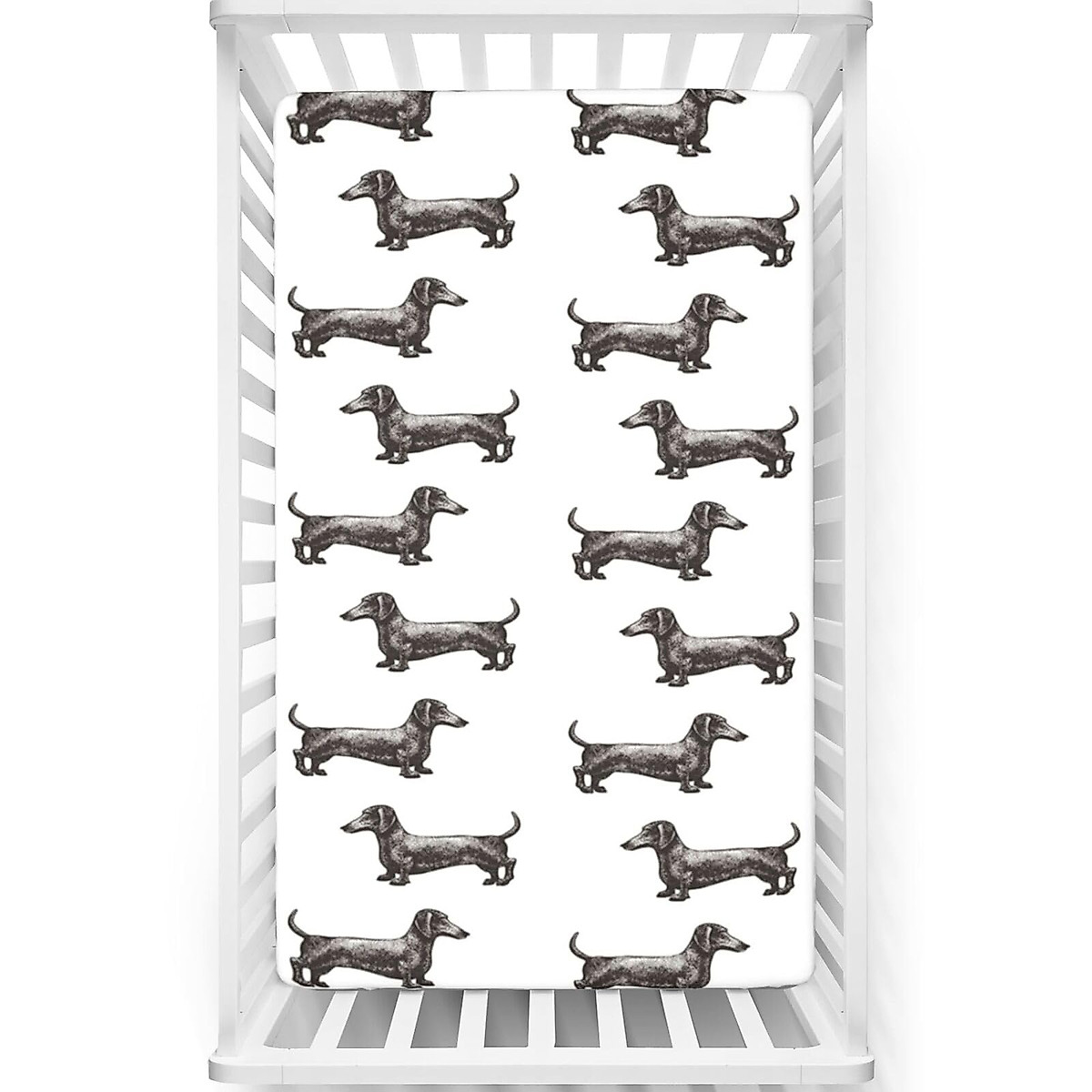 Dachshund Themed Fitted Crib Sheet,Standard Crib Mattress Fitted Sheet Soft and Breathable Bed Sheets - Crib Mattress Sheet or Toddler Bed Sheet,28“ x52“,Dark Taupe Grey White