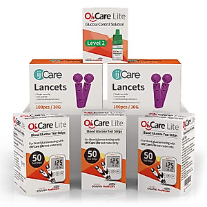 Oh’Care Lite Blood Sugar Testing Monitor – 150 Glucose Test Strips, 200 Lancets, and 1 Control Solution for for Blood Testing – Accurate and Affordable Diabetic Supplies