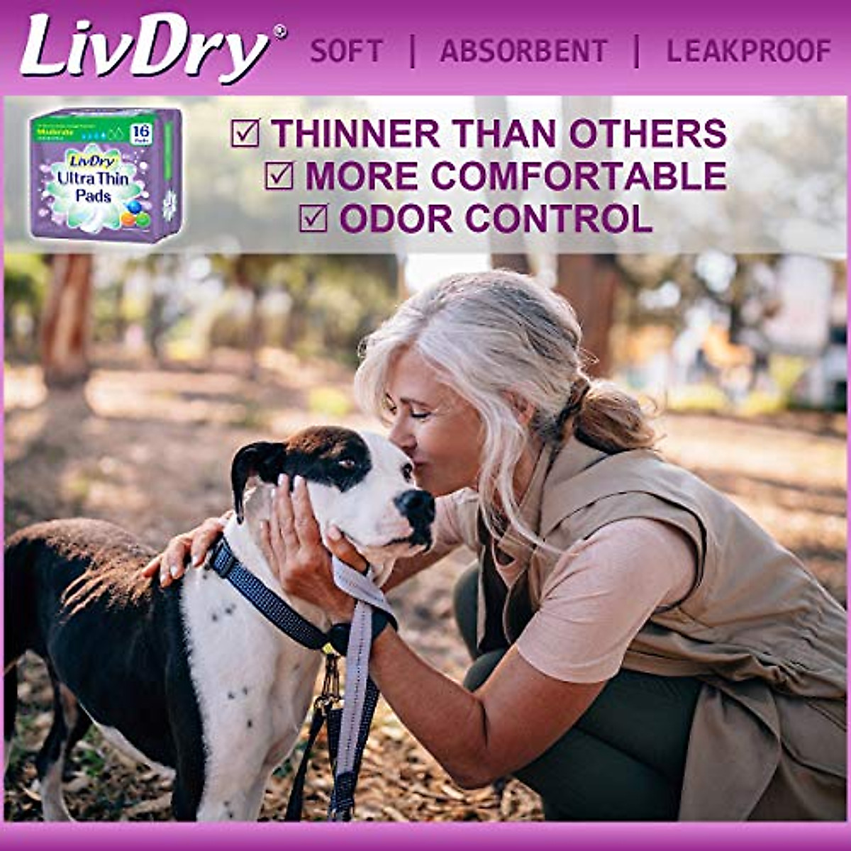 LivDry Incontinence Ultra Thin Pads for Women | Leak Protection and Odor Control | Extra Absorbent (Moderate 16-Count)