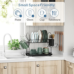 GSlife Small Dish Drying Rack - 2-Tier Dish Rack with Drainboard, Utensils Holder, Glass Holder for Kitchen Counter, Tiered Dish Drainer for Small Space, Black